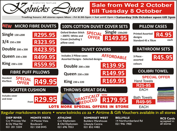 Kolnicks Linen Factory Shop Sale | Cape Town | The A-Z of Factory Shops